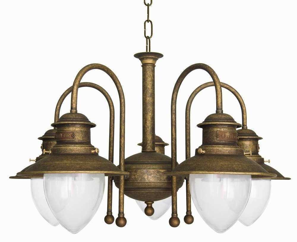 Grande lampadario a 5 luci in ottone brunito stile Lampare Old River